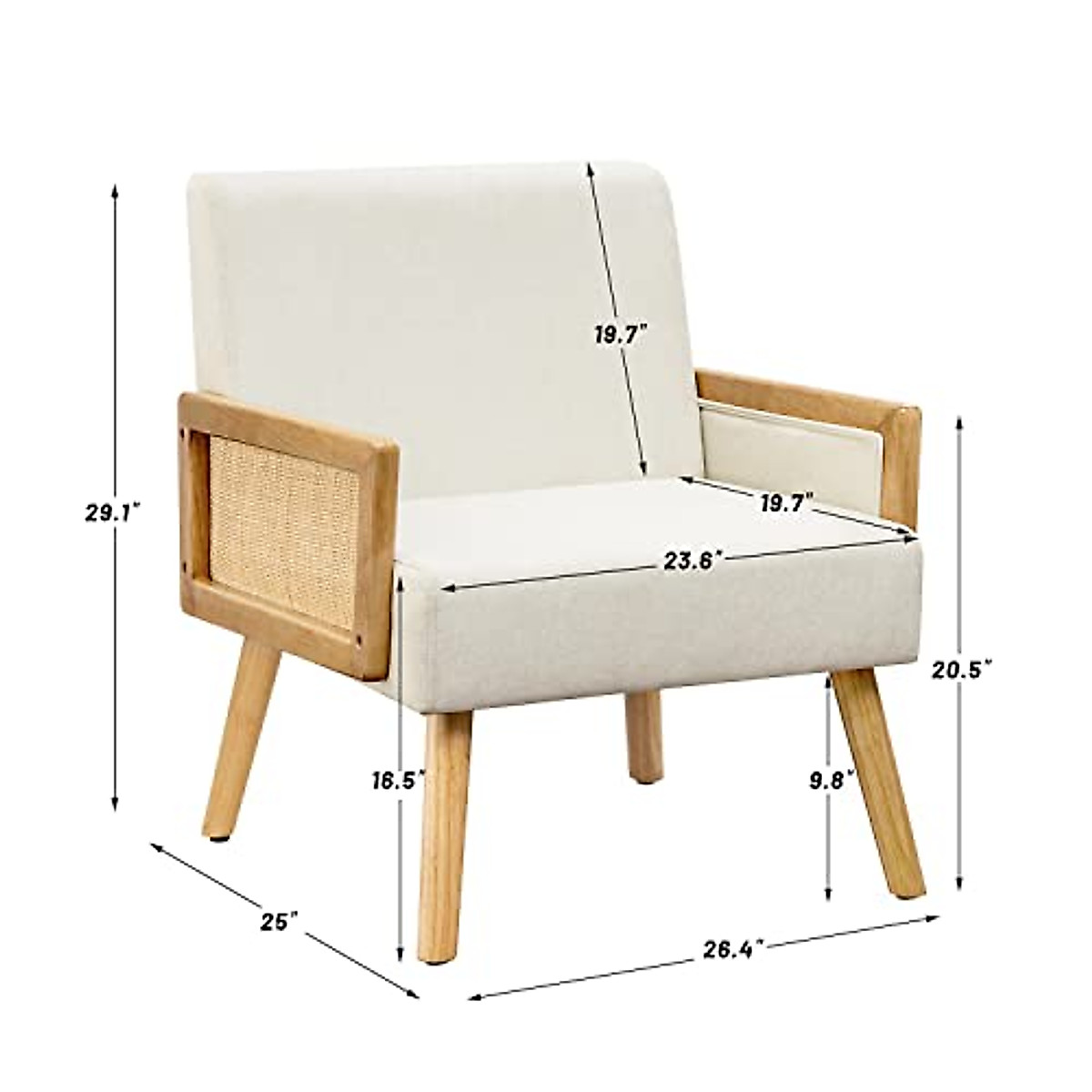 MELLCOM Beige Rattan Chair, Mid Century Modern Accent Chair, Upholstered Chairs with Bamboo Knitting and Solid Wood Legs, Comfy Linen Fabric Armchair for Club, Living Room, Bedroom,Beige-26.4''w