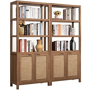 SICOTAS Bookshelf 5 Tier Book Shelf Rattan Boho 71" Tall Bookcase with Doors Storage Shelves Large Bookshelves Farmhouse Bookcases Library Book Case for Living Room Bedroom Home Office Kitchen