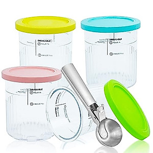 CUTIECLUB 4 Ice Cream Pint Containers 24oz and Lids for Ninja Creami NC500 NC501 Series Deluxe ice Cream Makers, and Stainless Steel Ice Cream Scooper with Trigger Release Set