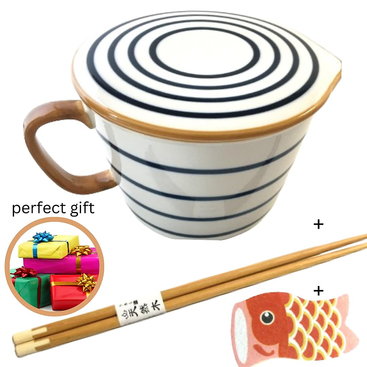 MOMOZEE Ceramic Japanese Noodle Bowl, microwave ramen bowl sets with Chopsticks with lid, microwave safe noodle bowls, instant ramen cooker,ramen bowls (circle)