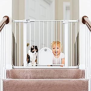 Babelio Auto Close Baby Gate with Small Cat Door, 29-43" Metal Cat Gate for Doorway, Stairs, House, Easy Walk Thru Dog Gate with pet Door, Includes 4 Wall Cups and 3 Extension Pieces, White