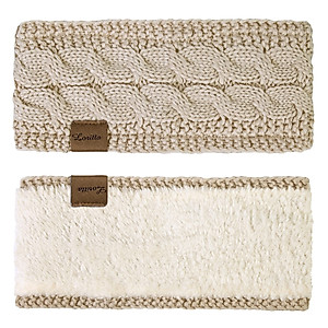 Loritta 2 Pack Headbands for Women Winter Warm Cable Knit Ear Warmer Thick Head Wrap Fuzzy Fleece Lined Gifts, F Beige+Black