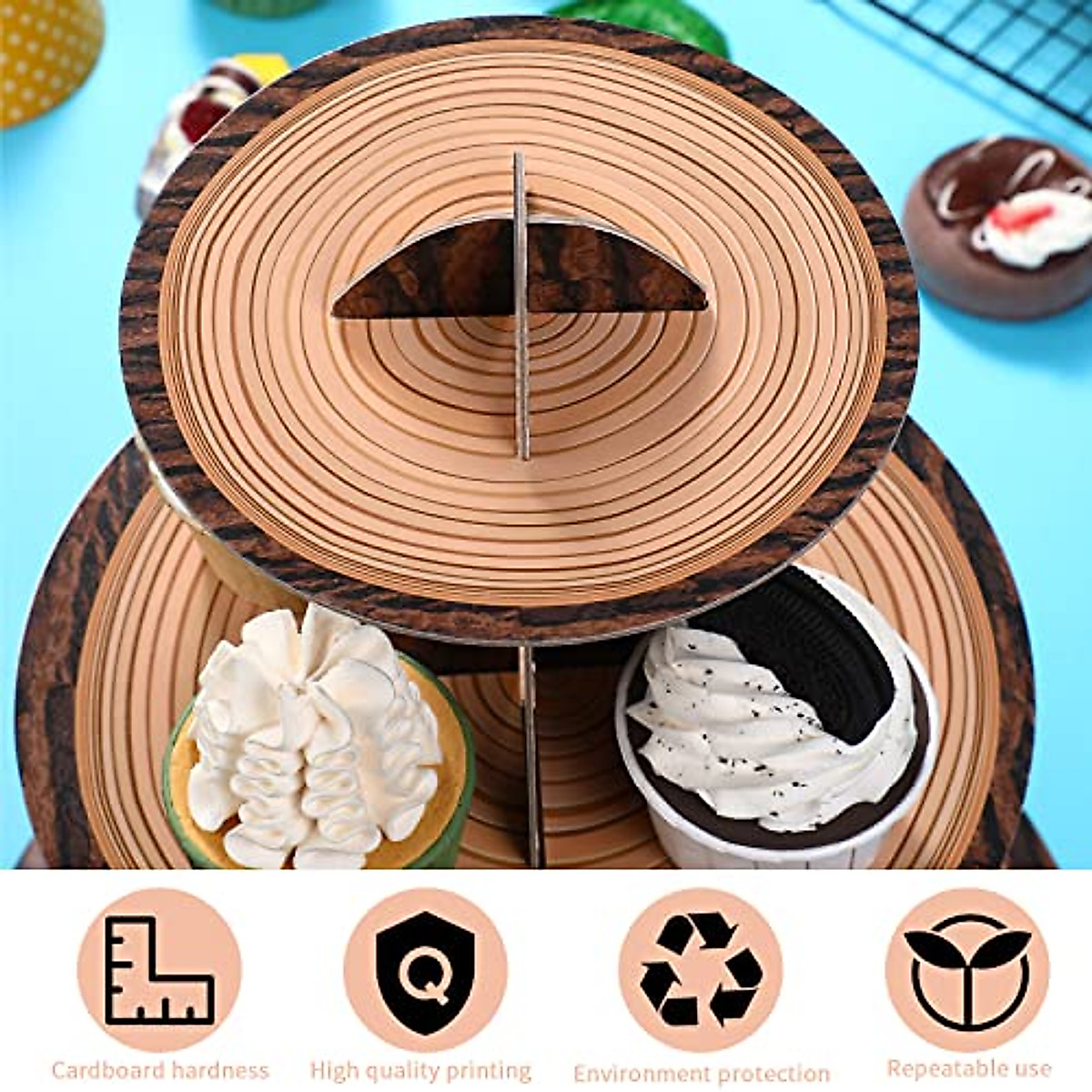 Kritkin Woodland Baby Shower Decorations Wood Birthday Party Supplies, 3 Tier Cardboard Wooden Cupcake Stand Tower, Grain Rustic Jungle Animal Cupcake Stand Lumberjack Western