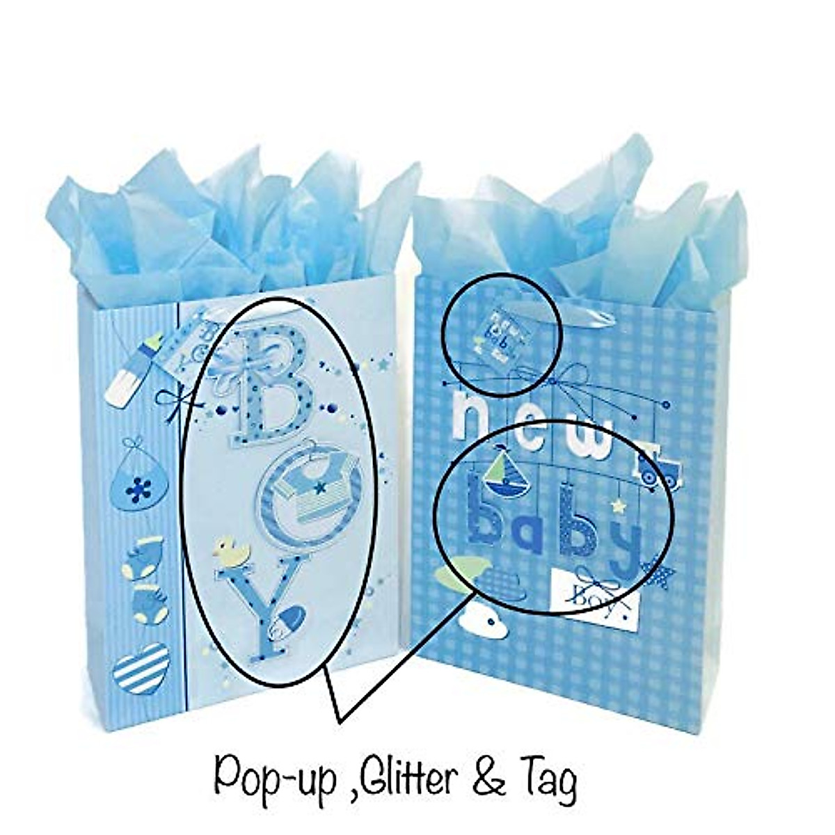 Golden J Store 16.5" Extra Large Baby Gift Bags with Tissue Papers for Baby Showers 2-Pack (Blue)