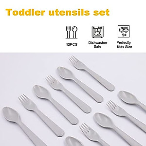 Muulaii 12 Pcs Plastics Toddler Utensils kids Silverware Baby Spoons and Forks Set Baby Feeding Dinnerware Utensils BPA Free Microwave Dishwasher and Freezer Safe (Grey)