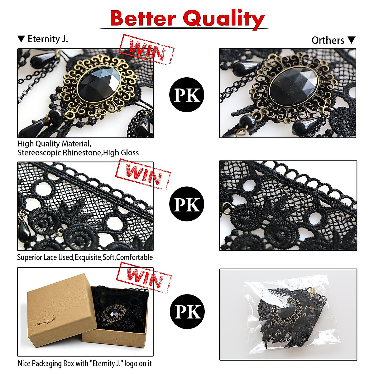 ETERNITY J. Elegant Vintage Princess Black Lace Gothic Statement Necklace Bracelet Victorian Lolita Choker Pendant Vampire Chain