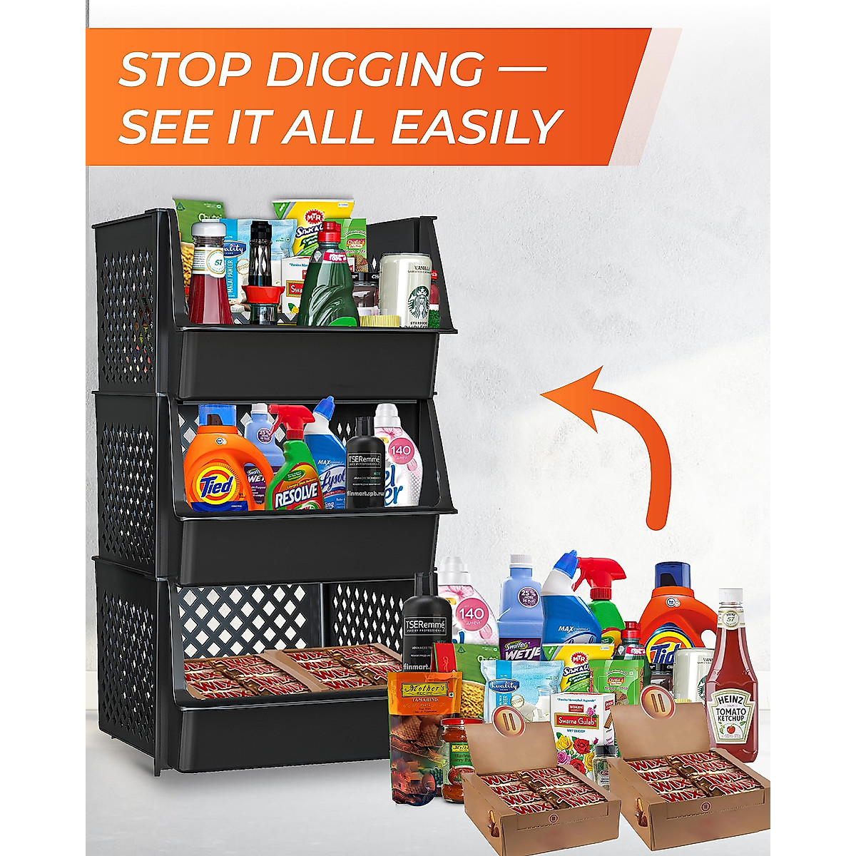 Skywin TidyFriend Large Plastic Stackable Storage Bins for Pantry Black - 3-Pack, Large Stackable Bins For Organizing Food, Kitchen, and Bathroom Essentials (Rhombus)