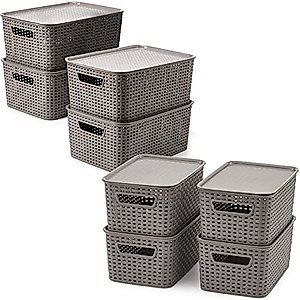 EZOWare Set of 8 Lidded Storage Bins, Large Plastic Stackable Weaving Wicker Basket Box Containers with Lid and Handle, (15.4" x 10.5" x 6.7" + 11" x 7.3" x 5.1")