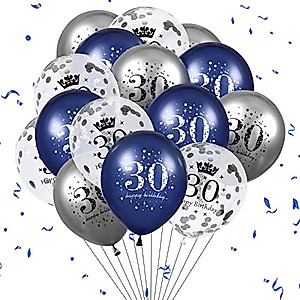 30th Birthday Balloons Decorations, 15 PCS Navy Blue Silver 30th Happy Birthday Balloons for Men Women 30 Anniversary Latex Inflatable Confetti Birthday Party Sign Royal Blue Indoor Outdoor Supplies