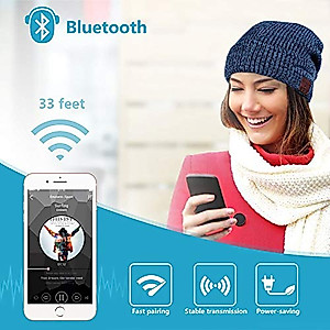 Bluetooth Beanie Hat Headphones Headset, Wireless Connection Siri Voice Control Built-in HD Stereo Speakers & Microphone, Knit Cap for Running, Outdoor Sports, Women Men (Blue)