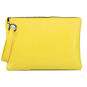 AMAZE Womens Oversized Clutch Bag Large PU Leather Pouch Evening Handbags Envelope Purse with Wristlet Shoulder Lady (Yellow)