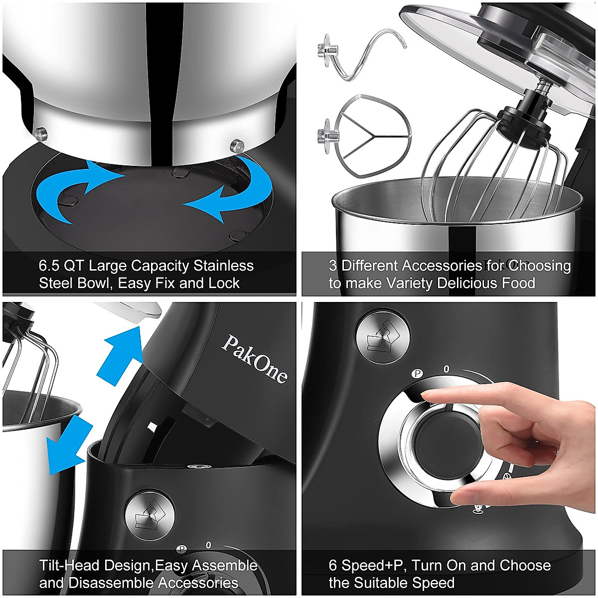 BONISO Stand Mixer,6.5-QT 800W 6-Speed Tilt-Head Food Mixer, Kitchen Electric Mixer with Dough Hook, Wire Whip & Beater