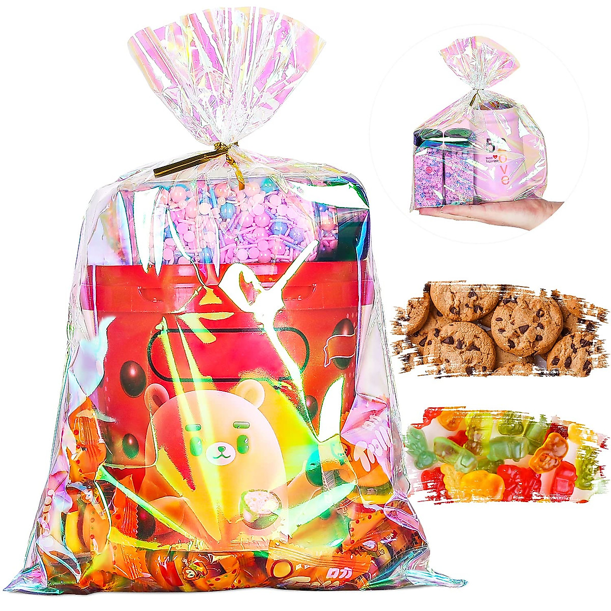 TYRSEN Cellophane Bags, 50 Pcs 9x12 Cello Bags with Twist Ties Holographic Iridescent Cello Gift Bags for Easter Day Birthday Party Halloween Xmas