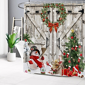MEUNEAR Farmhouse Christmas Shower Curtain Set Snowman and Pine Tree with Red Xmas Ball Cardinals on Barn Door Shower Curtain for Bathroom, Winter Snowflake Shower Curtain with Hooks, 72L X 72W inches