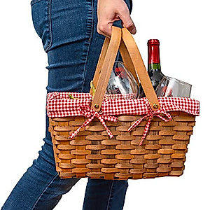 Big Mo's Toys Picnic Basket - Woven Natural Woodchip Wicker Basket with Double Handles and Red and White Gingham Blanket Lining
