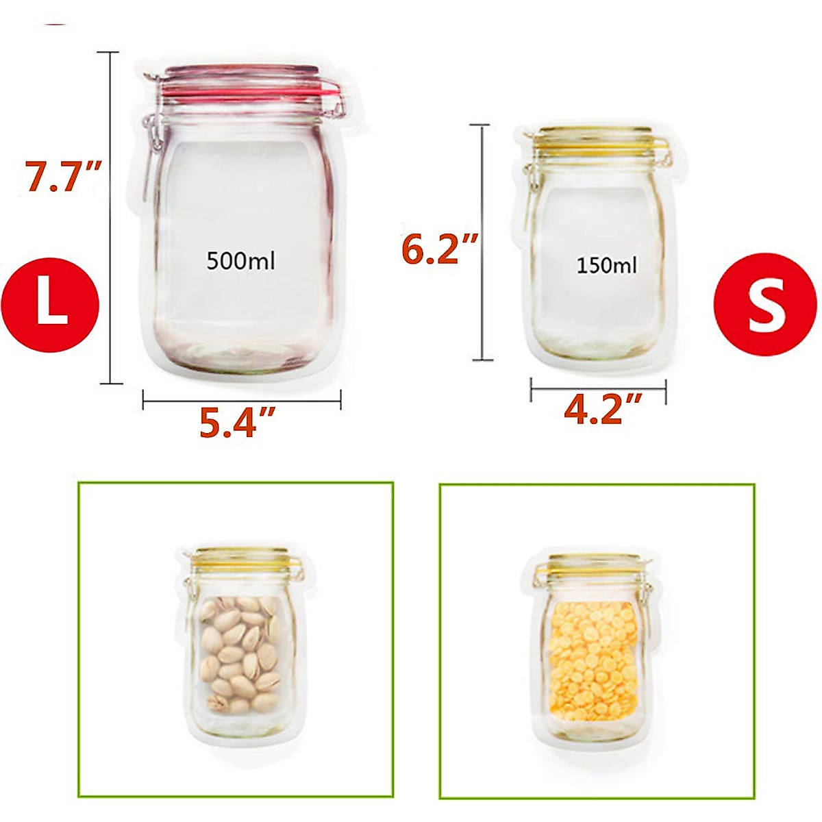 Mason Bag Jar Zipper Bags Food Storage Snack Sandwich Ziplock Bags Reusable Airtight Seal Food Storage Bags Leakproof Food Saver Bags (12 x Small)