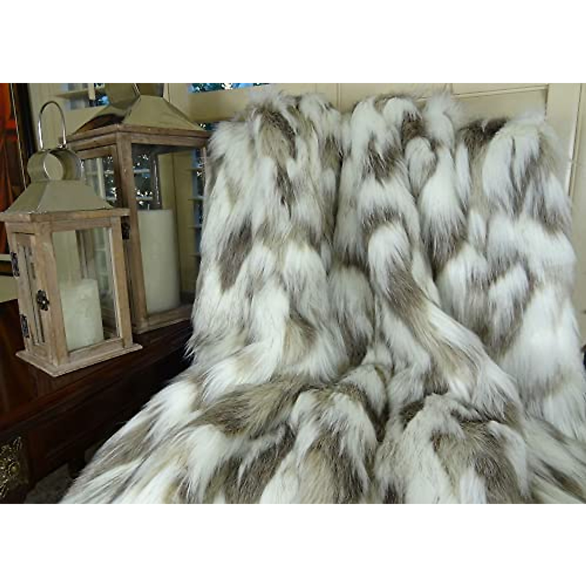 Thomas Collection Ivory Faux Fur Throw Blanket & Bedspread - Tibet Fox Fur - Ivory Beige Luxury Faux Fur - Throw Blanket - Luxury Soft Faux Fur, Handmade in US, 16445