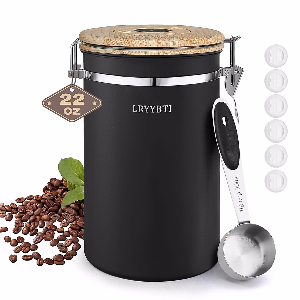 LRYYBTI Coffee Canisters Food Jar Canister Airtight Coffee Bean Storage Container with Scoop Date Tracker & CO2 Release Valve 22Oz Black