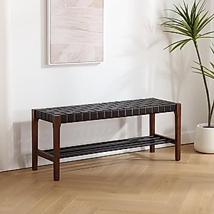 Janoray Solid Wood Bench, Modern 45" Long Dining Bench with Faux Leather Woven Strips & Metal Shelf Comfy Seat for Entryway/Dning Room/Bedroom, Black