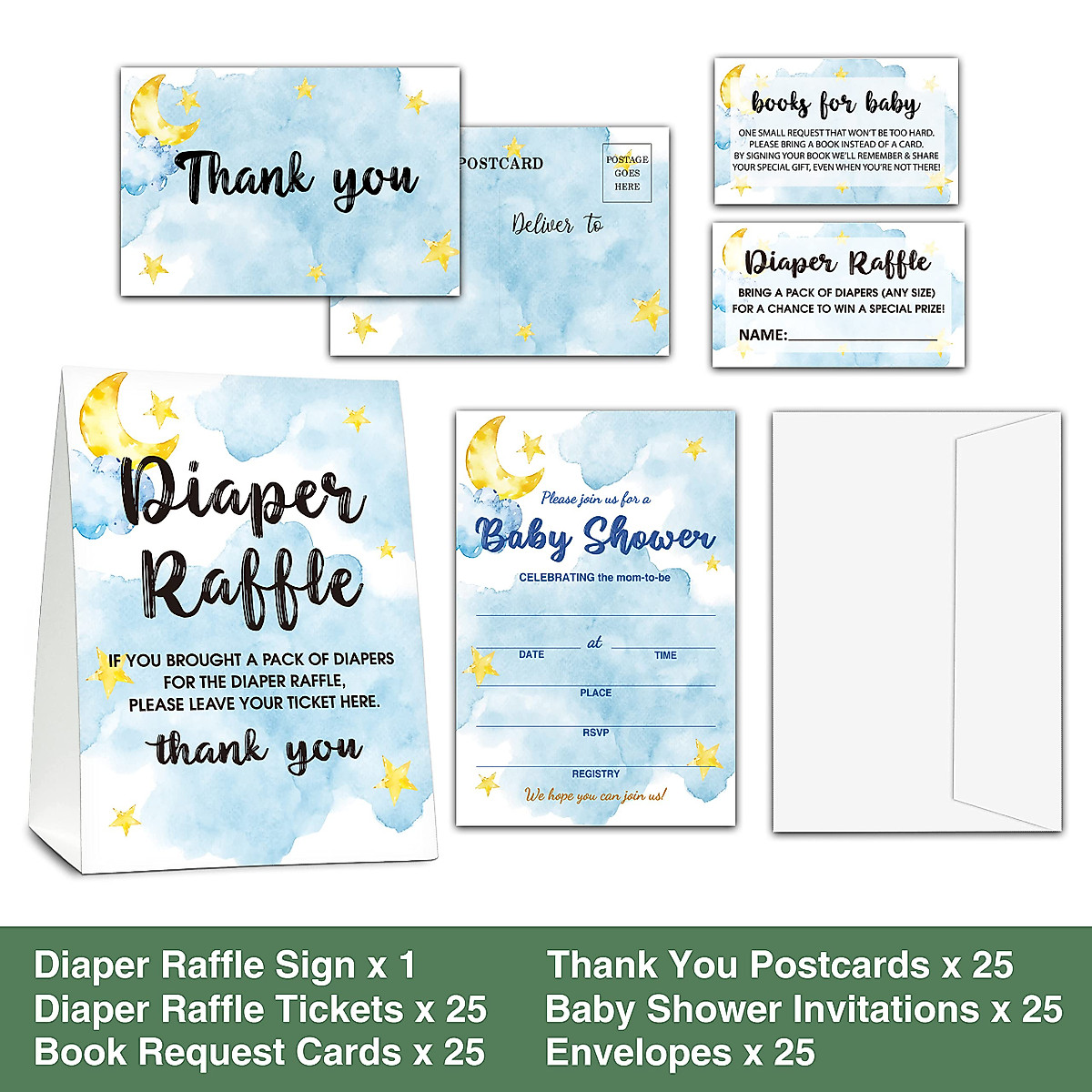 Baby Shower Cards Kit,Moon and Stars Set of 25 Baby Shower Invitations with Envelopes, Book Request Cards for Baby Shower,Sleepover Themed Baby Shower Party Favor Decoration(14)
