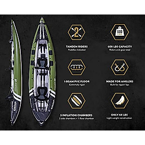 Elkton Outdoors Steelhead Inflatable Fishing Kayak Boat - 2 Person Angler Blow Up Tandem Kayak, Includes Paddles, Seats, Hard Mounting Points, Bungee Storage, Rigid Dropstitch Floor and Spray Guard