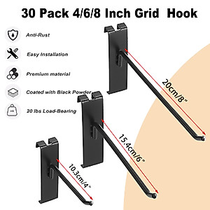 Sumnacon Gridwall Hooks 30 Pcs 4/6/8 Inch Hooks for Grid Wall Panel Notch Grid Wall Hanging Hooks Sturdy Metal Display Hooks for Grid Wall for Craft Show Retail Home Garage Dispaly,Black