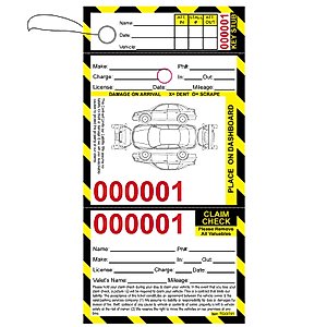 3 Part Valet Parking Tickets For Cars. Elastic String Attached With Reinforced Eyelet. Claim Check & Car Diagram. 2000 Tags. Printed in Black & Yellow Ink with Red Numbers on Durable White Card Stock.