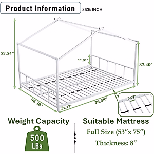 DNYN Full Size Montessori Floor Bed with Roof Design for Kids Bedroom,House Bedframe for Small Space,Easy Assembly & No Box Spring Needed, White