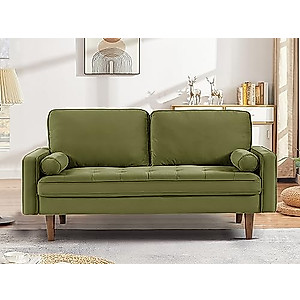 Container Furniture Direct Velvet 58" Loveseat Sofa Couch for Living Room, Classic Mid-Century Style with Modern Silhouette, Button Tufting and Wood Legs, Includes 2 Bolster Pillows, Olive Green