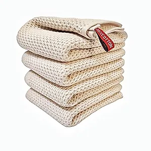 ANEWAY Kitchen Towels 100% Cotton Waffle Weave Dish Towel for Cleaning Drying Dishes Extra Absorbent and Soft, Dish Cloth,13 x 28 in(Beige-4 Pack)