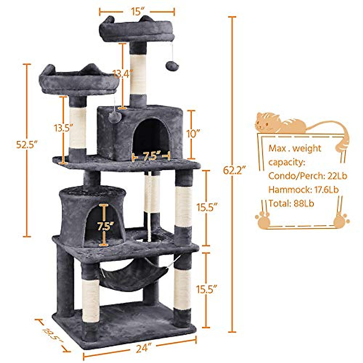 Yaheetech 62.2inches Cat Tree Cat Tower Cat Condo with Platform & Hammock, Scratching Posts for Kittens Pet Play House with Plush Perch for Indoor Activity Relaxing