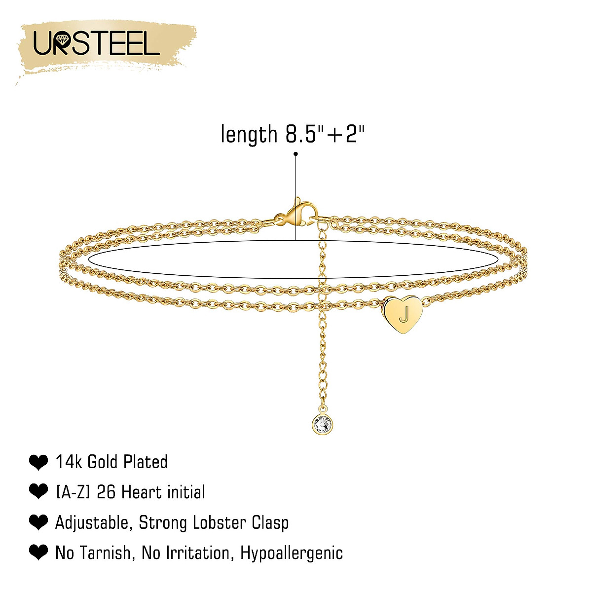 Ursteel Initial Ankle Bracelets for Women, 14K Gold Plated Ankle Bracelet with Initial J Dainty Layered Heart Gold Anklets for Women