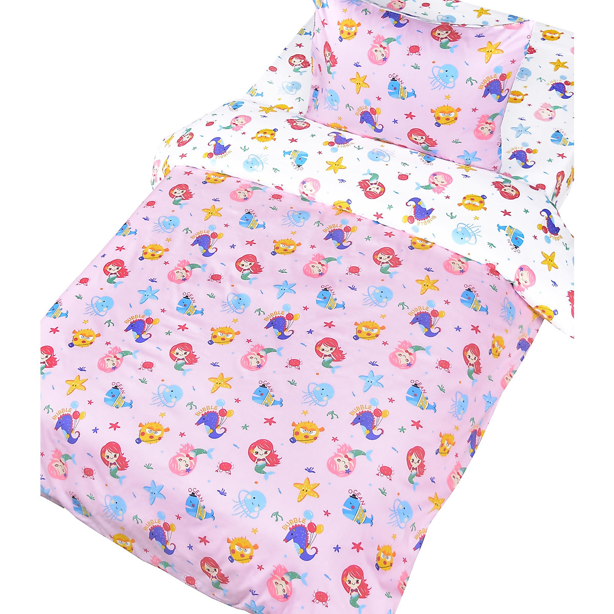 J-pinno Lovely Mermaid Pink Cartoon Reversible Duvet Cover & Pillowcase Set, 100% Cotton Weighted Blanket Cover 2Pcs Comforter Cover with Zipper for Kids Girls Bedding Set (Mermaid, Twin 60" X 80")