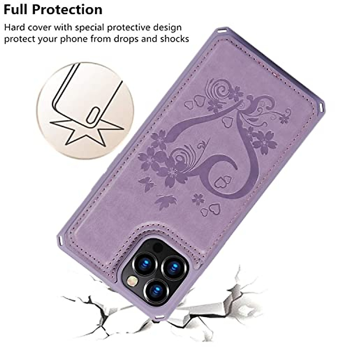 iCoverCase for iPhone 12 Pro Max Wallet Case with Card Slots Holder and Wrist Strap [RFID Blocking] Embossed Leather Kickstand Magnetic Clasp Shockproof Cover 6.7 Inch (Heart Purple)