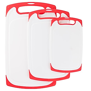 Cutting Board Set- 3 Piece Plastic Kitchen Chopping Boards for Cooking Food Prep with Juice Groove by Classic Cuisine (Red)