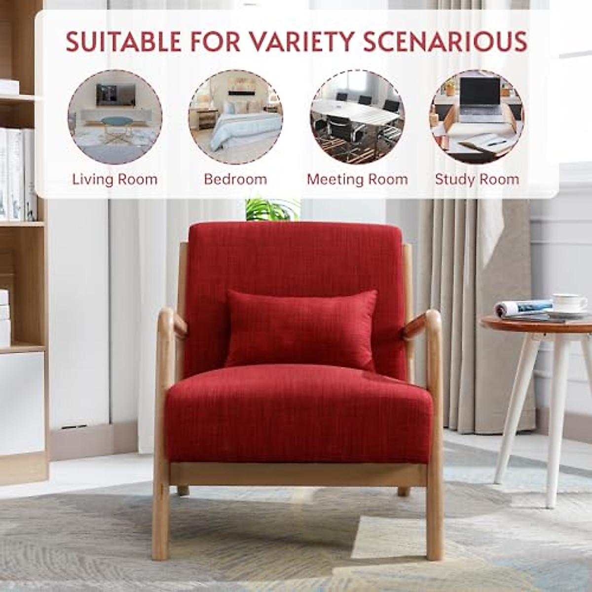 ANJHOME Mid Century Modern Accent Chair, Comfy Fabric Reading Chair with Solid Wood Frame, Easy Assembly Armchair for Living Room