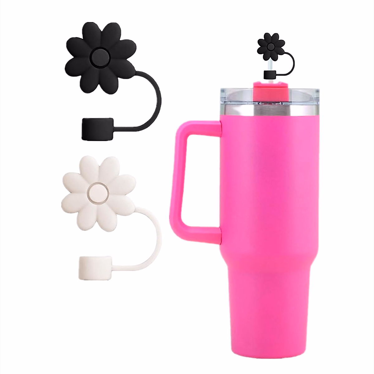 2 Pack Flower Straw Cover Cap for Stanley Cup Cute Silicone Straw Topper Compatible with 30&40 Oz Tumbler with Handle,Straw Tip Covers 10mm 0.4in Diameter (Black and White Flower)