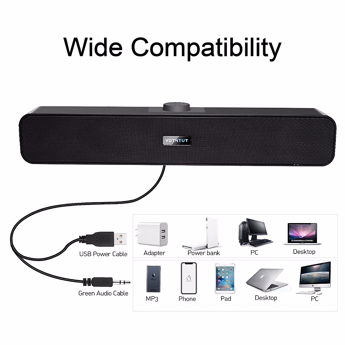 VOTNTUT Computer Speakers,Wired USB Desktop Speaker,Stereo USB Powered Mini Sound Bar Speaker for PC Tablets Desktop Laptop MP3 Mac Air/Pro((USB-C to USB Adapter Included)