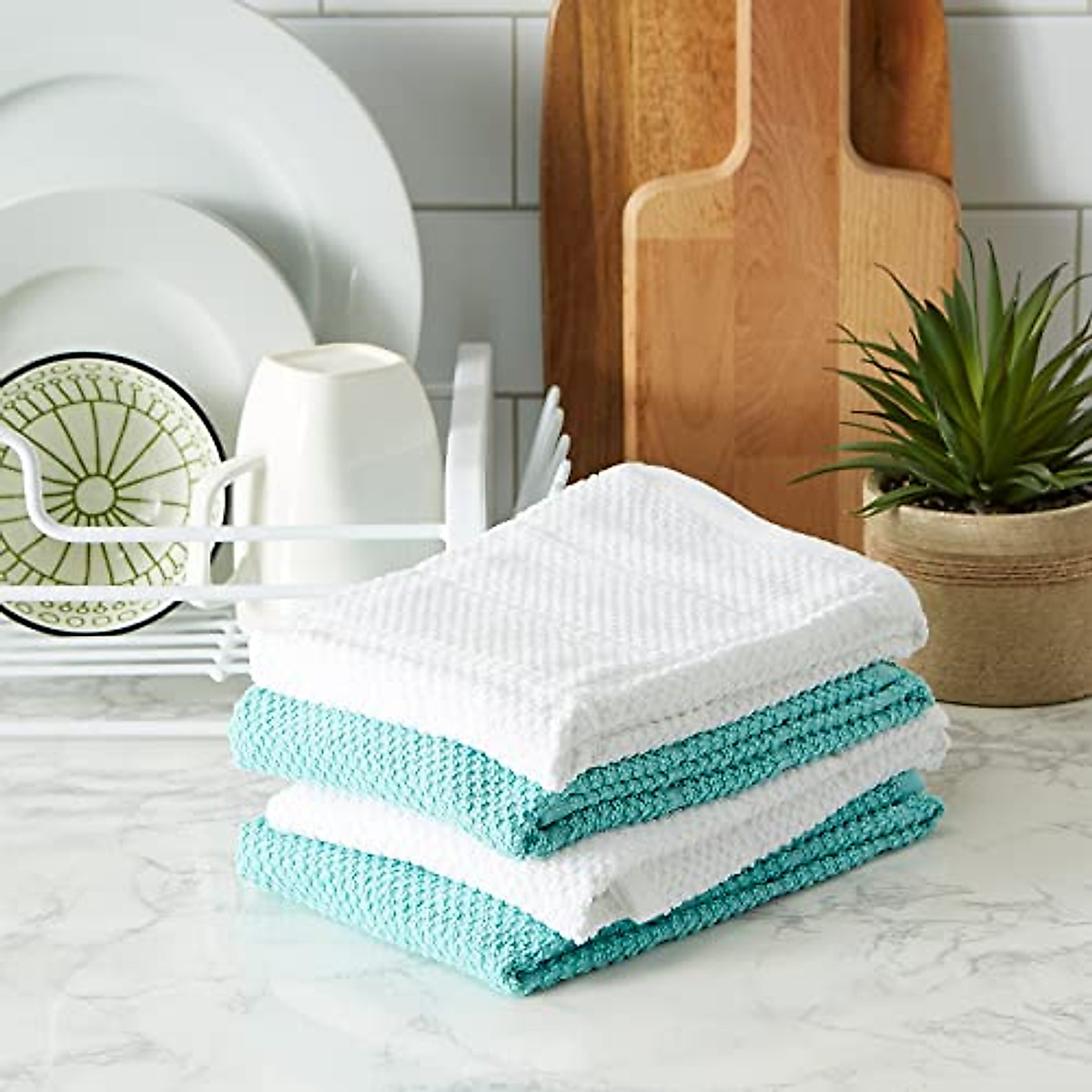 DII Basic Chef Collection, Assorted Terry Kitchen Towel Set, Dishtowel Set, Aqua, 4 Piece