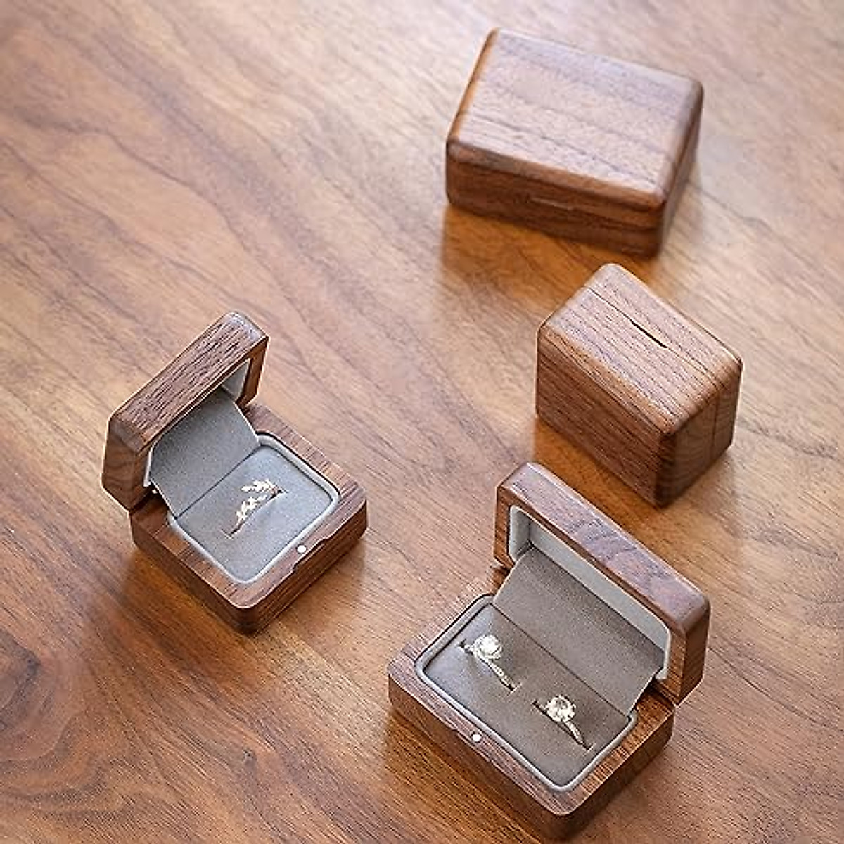 muso wood Handmade Ring Box, Small Rectangular Ring Case for Proposals, Walnut Ring Box for Wedding, Mini Engagement Ring Box (Double slot)