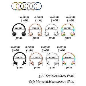 Vsnnsns 20G Surgical Steel Horseshoe Captive Bead Nose Hoop Rings Septum Piercing Jewelry Cartilage Helix Tragus Rook Earring Hoop Lip Eyebrow Ring Piercing Jewelry for Women Men 10mm 36pcs