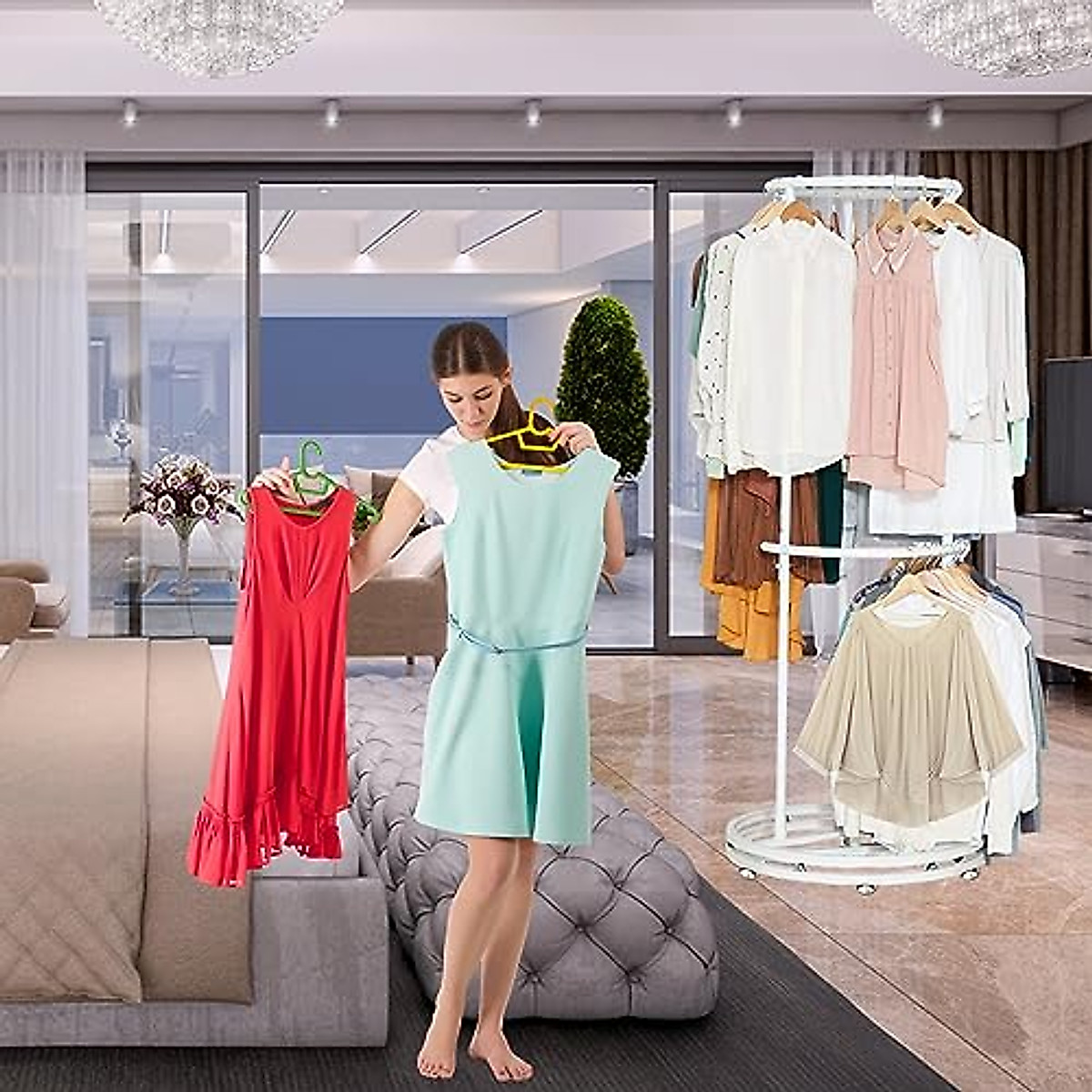 AMSXNOO Floor-Standing Rotating Coat Rack, Portable Double Layer Round Storage Garment Rack, Clothing Display Stand Hanging Apparels Shelf for Bedrooms Boutiques Retail Commercial