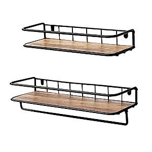 QEEIG Bathroom Shelves Over Toilet - Floating Wall Shelf with Towel Bar Farmhouse Set of 2, Rustic Brown (FS626)