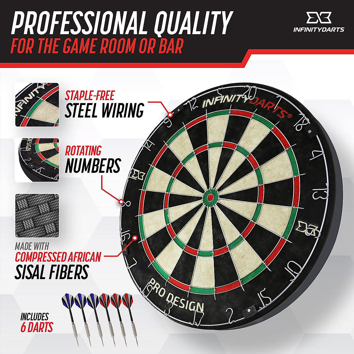 Infinity Darts Bristle Dartboard Set - Includes 6 Metal Tip Darts Set, Self-Healing Sisal Fiber Dart Board, Rotating Steel Wire Scoring Ring, Staple Free Bullseye, for Home Game Room or Bar Darts