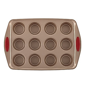 Rachael Ray Cucina Nonstick Bakeware Set Baking Cookie Sheets Cake Muffin Bread Pan, 10 Piece, Latte Brown with Cranberry Red Grips