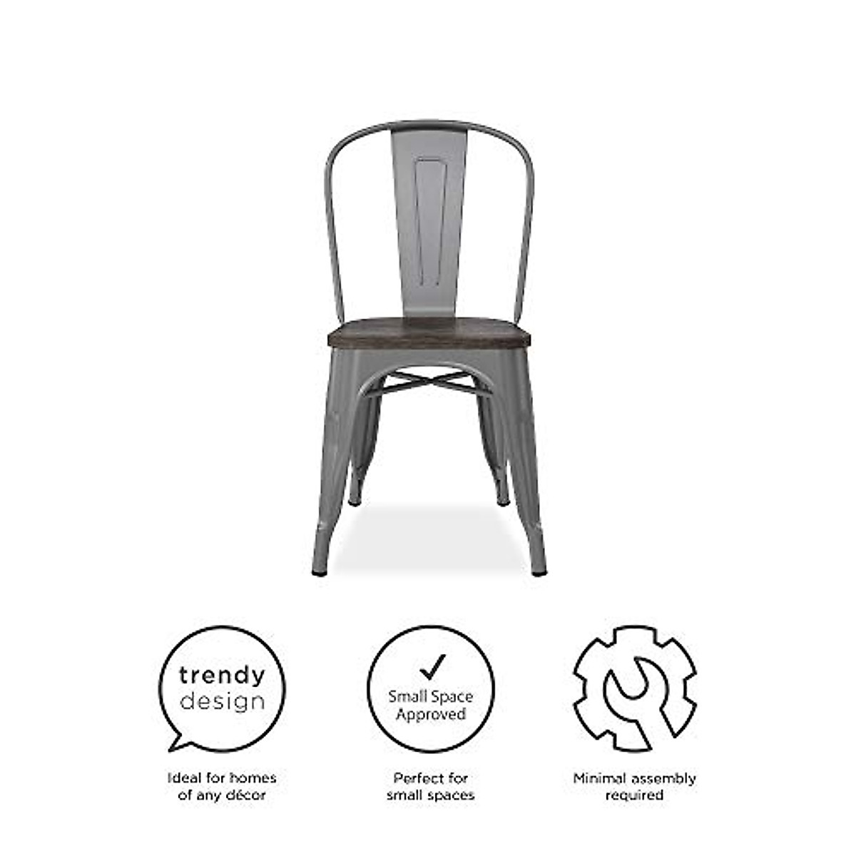 DHP Fusion Metal Wood Seat, Silver, Set of 2, Dining Chair