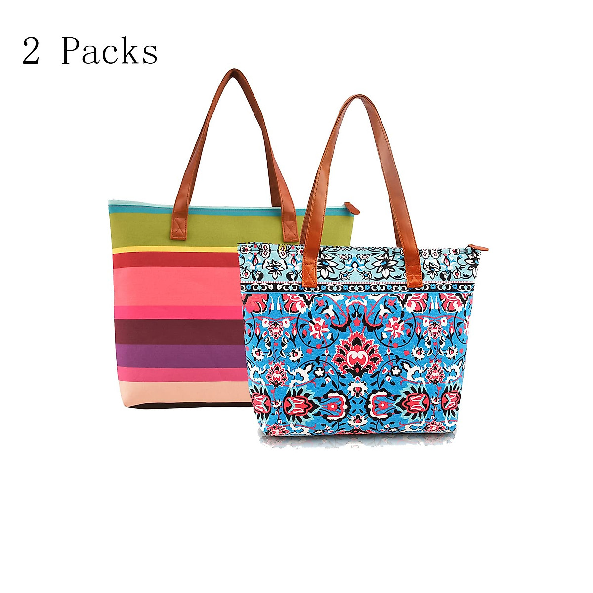 DEMOMENT Canvas Floral Shopping Zip Top Tote Bag GYM Hiking Picnic Travel Beach Pool Shoulder Book Bag (Blue and Rainbow)