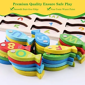 Slotic Magnetic Wooden Fishing Game Toy for Toddlers - Alphabet ABC Fish Catching Counting Learning Education Math Preschool Board Games Toys Gifts for 3 4 5 Years Old Girl Boy Kids