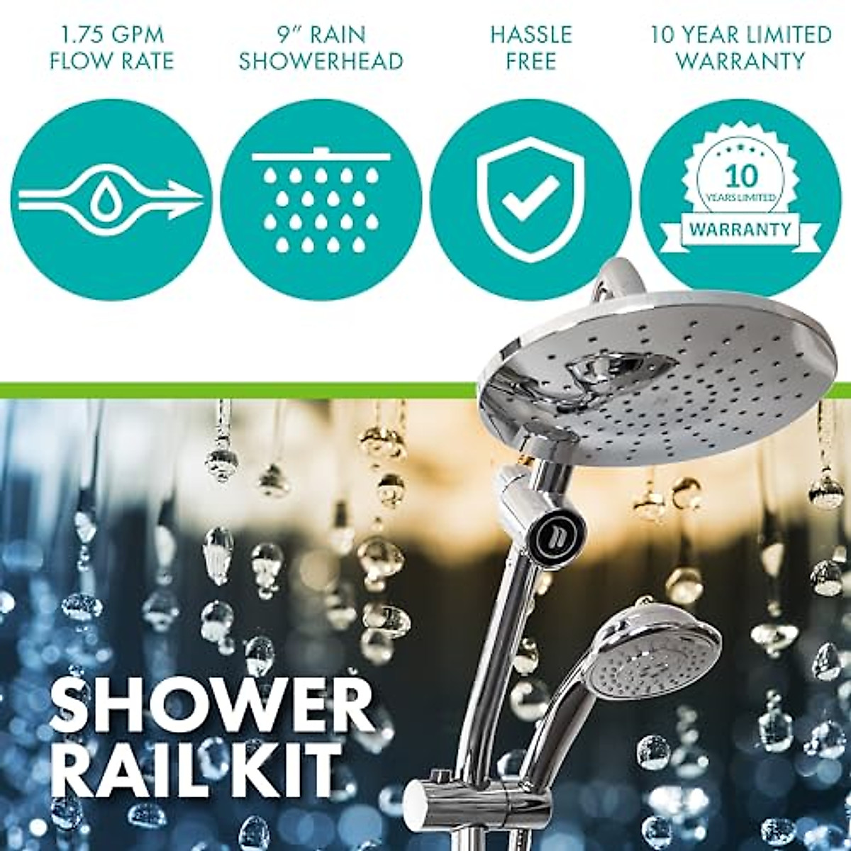 Niagara Conservation N99SR17CH ShowerRail 5-Spray with 1.75 GPM 8.8-in. Wall Mount Combination Fixed and Handheld Shower Heads in Chrome, 1-Pack | Bathroom Shower Head with Pressure Compensation