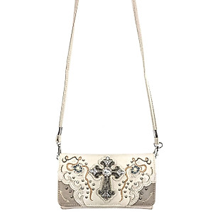 Zelris Floral Poppy Cross Western Women Crossbody Wrist Trifold Wallet (Beige Silver)